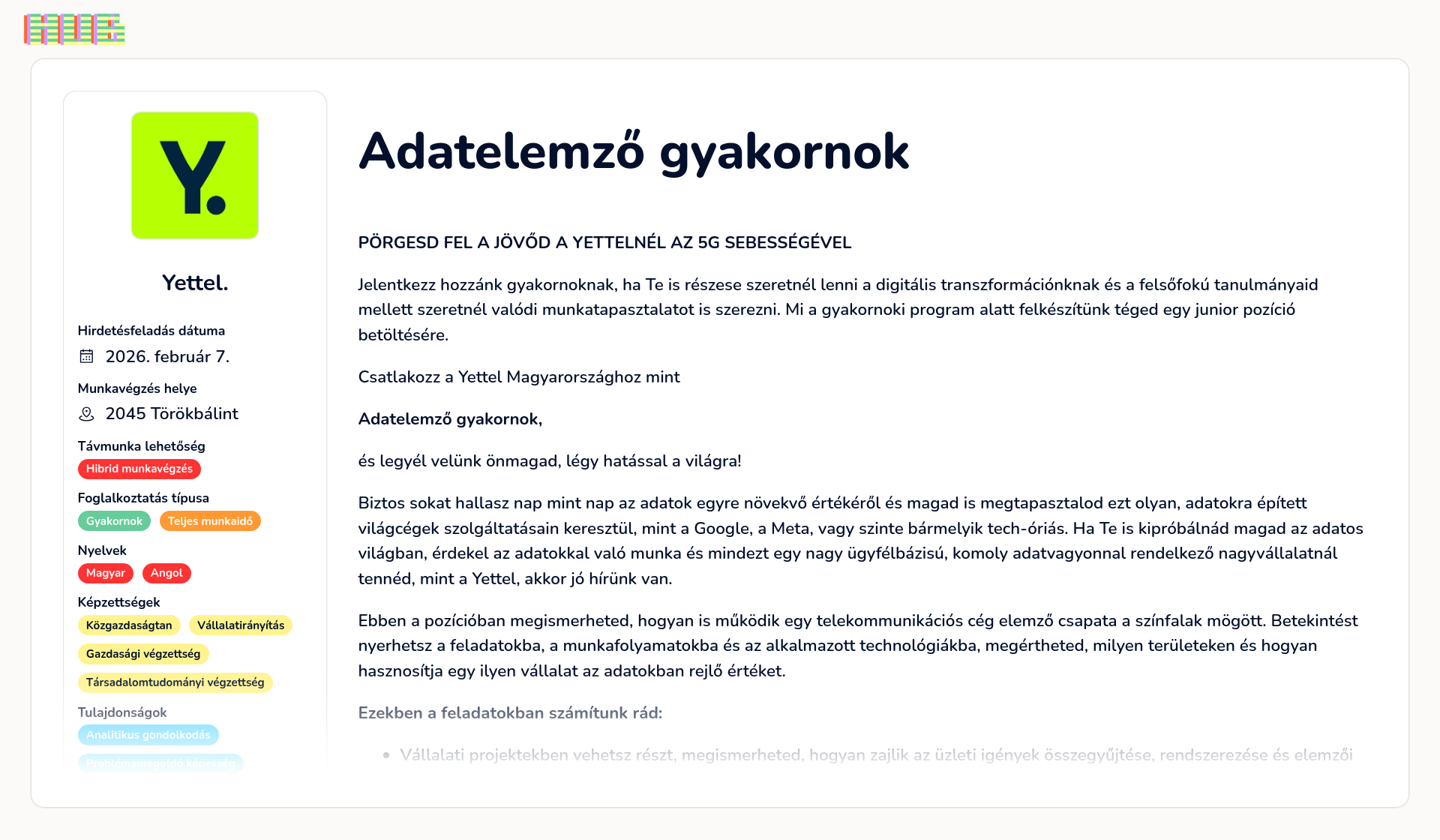 Adatelemző gyakornok | Yettel. Karrier | Karrier Hub